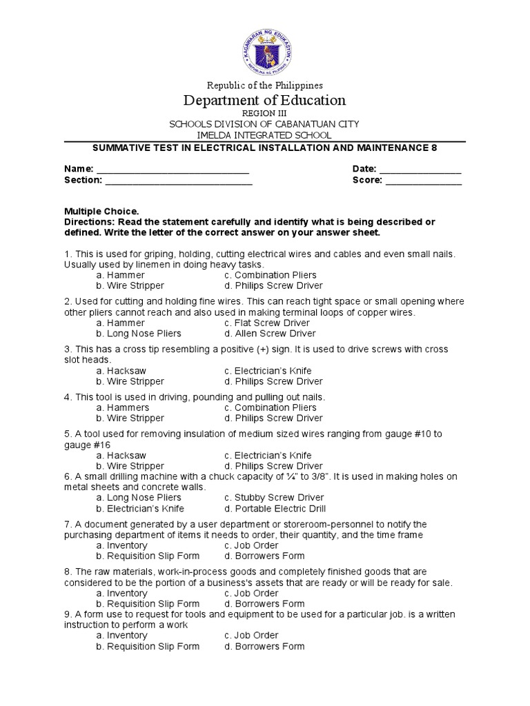 TLE 1st Quarter Exam Final | PDF | Hazards | Fuse (Electrical)