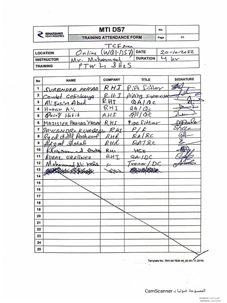 RHI PTW L1& H2S Attendance Sheet | PDF