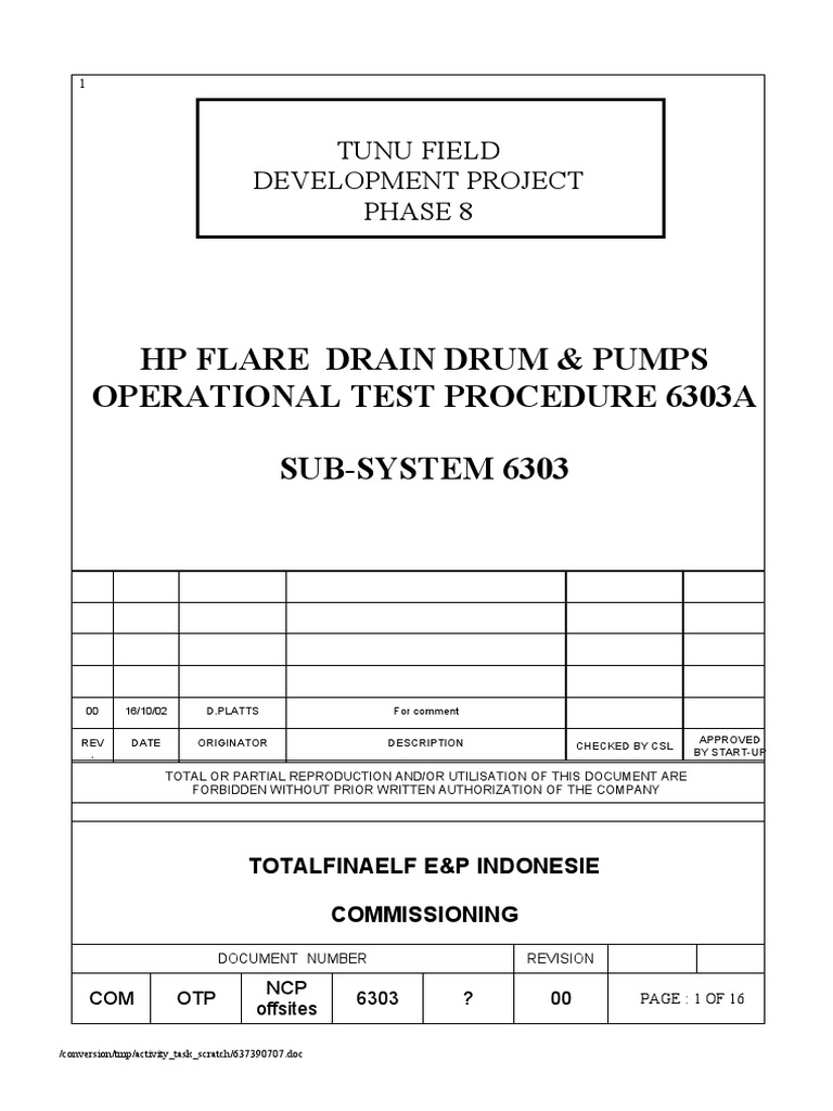 Tunu Field HP Flare Drain Test Procedure | PDF | Pump | Valve