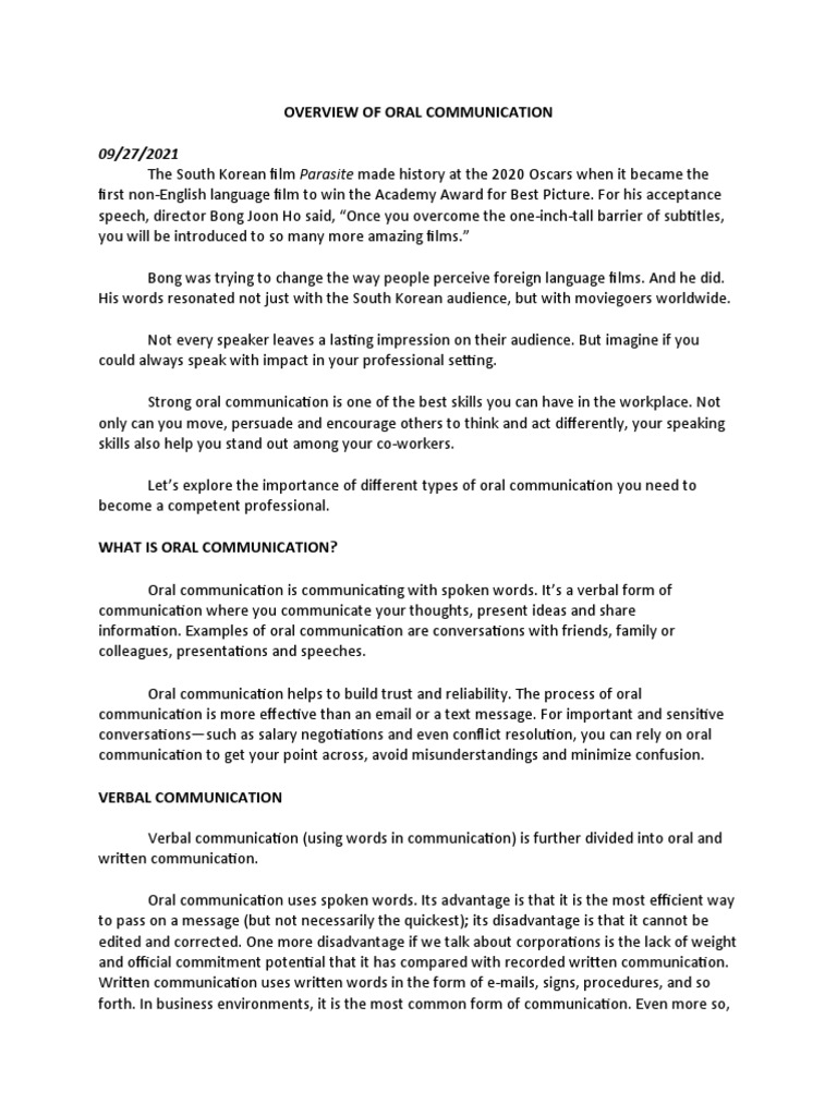 Overview of Oral Communication | PDF | Communication | Conversation