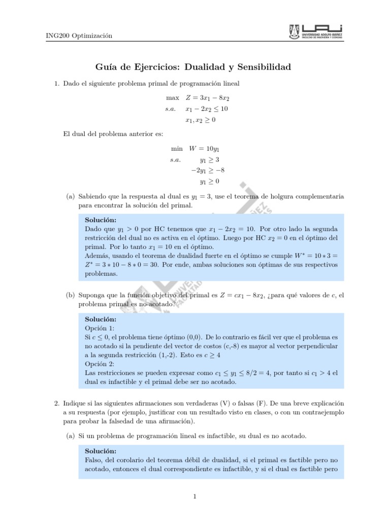 GuÃ A Dualidad y Sensibilidad | PDF | Programación lineal | Matemáticas