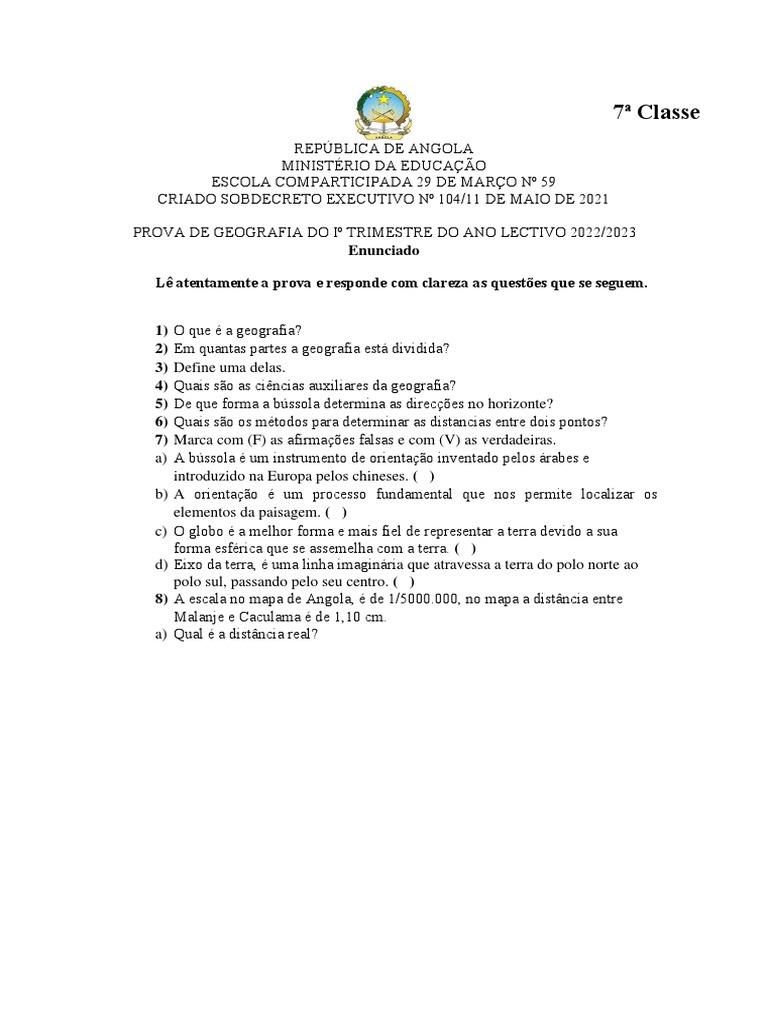 ENUNCIADO E CHAVE Da Prova Do Iº Trimestre Da 7, 8 e 9 Classe | PDF | África | Angola