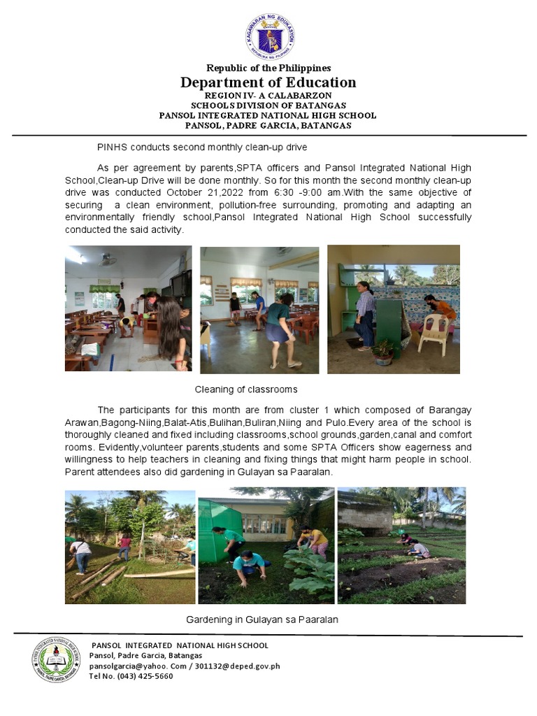 Pansol High School Monthly Clean-Up Drive | PDF | Learning | Behavior ...