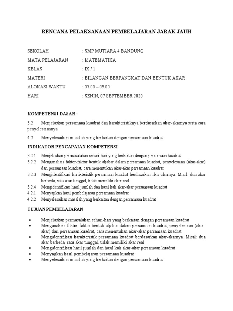 RPP Pert 1 (Menentukan Akar Persamaan Kuadrat Dengan Rumus Abc) | PDF