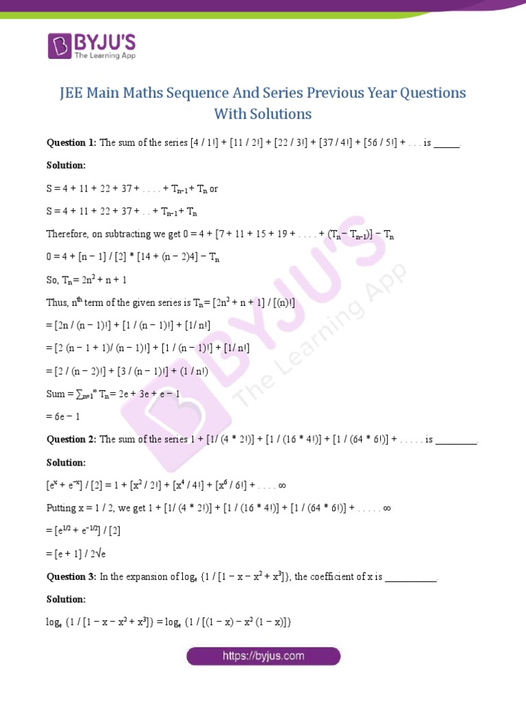 JEE Main Maths Sequence and Series Previous Year Questions With ...