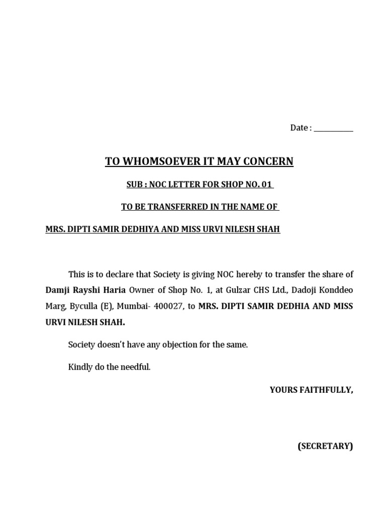 NOC Letter For Flat Transfer Gulzar | PDF | Private Law | Property Law