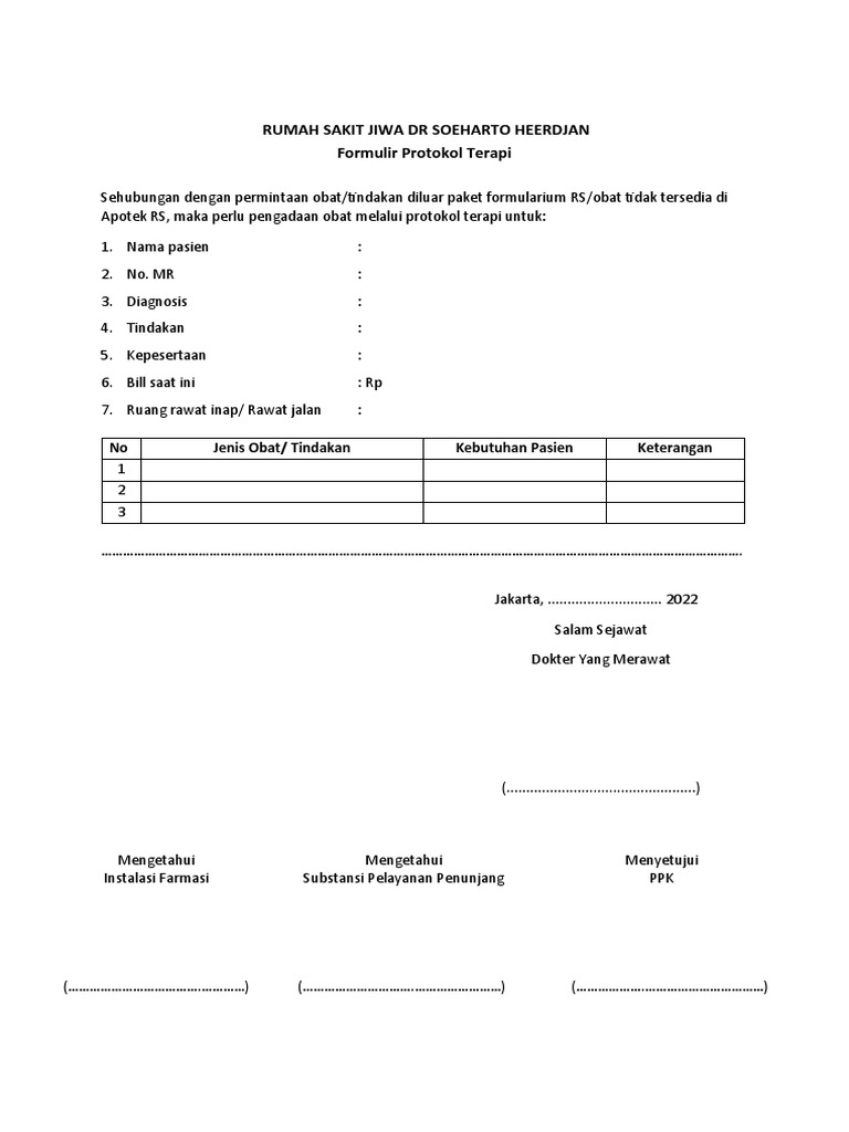 Formulir Protokol Terapi RSJ | PDF