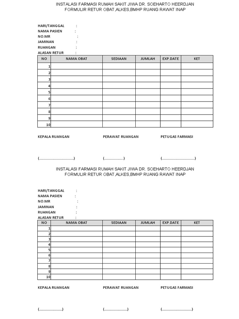 Formulir Retur Obat, Alkes, dan Bmhp Rawat Inap Rumah Sakit Jiwa Dr ...