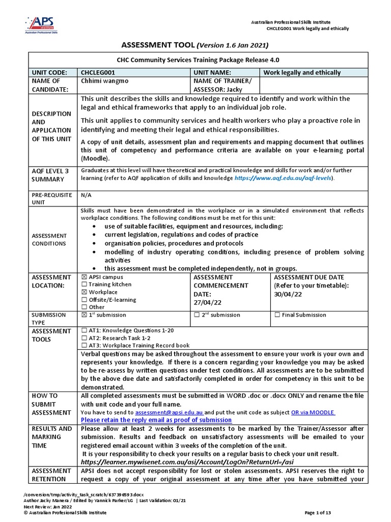CHCLEG001 Assessment Tool V1.6 Jan 2021 | PDF | Informed Consent | Rights