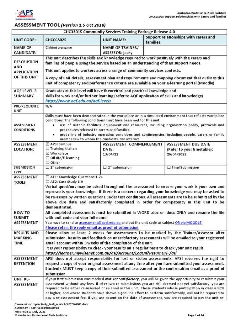 CHCCCS025 Assessment Tool V1.5 Oct 2018 | PDF | Caregiver | Educational ...