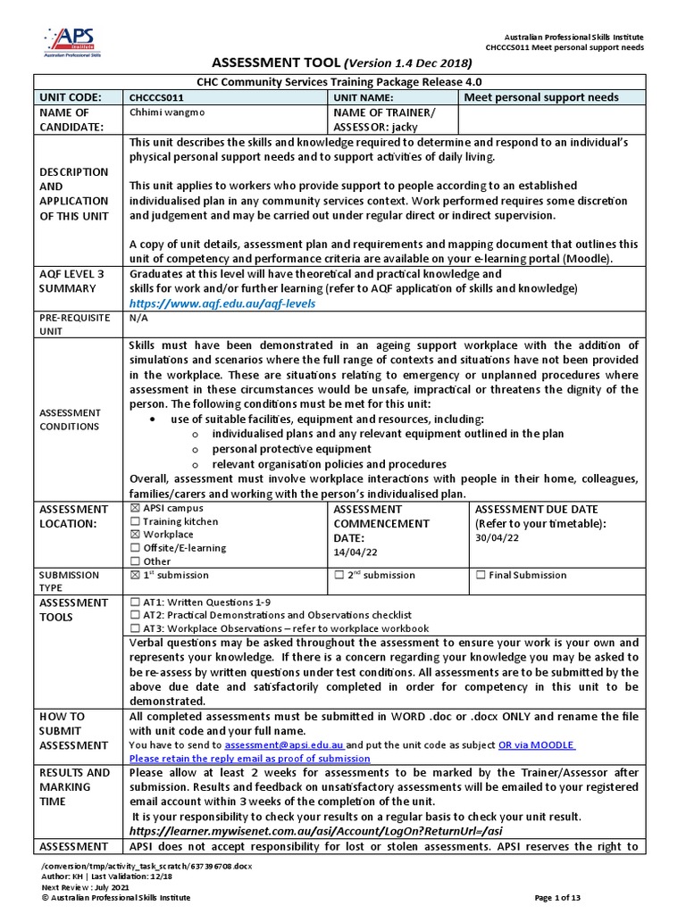 CHCCCS011 Assessment Tool V1.4 Dec 2018 | PDF | Human Body ...