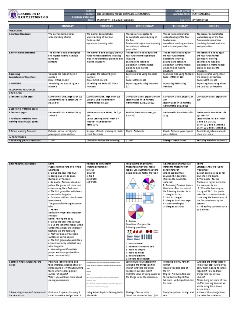 DLL Mathematics 5 q2 w8 | PDF | Ratio