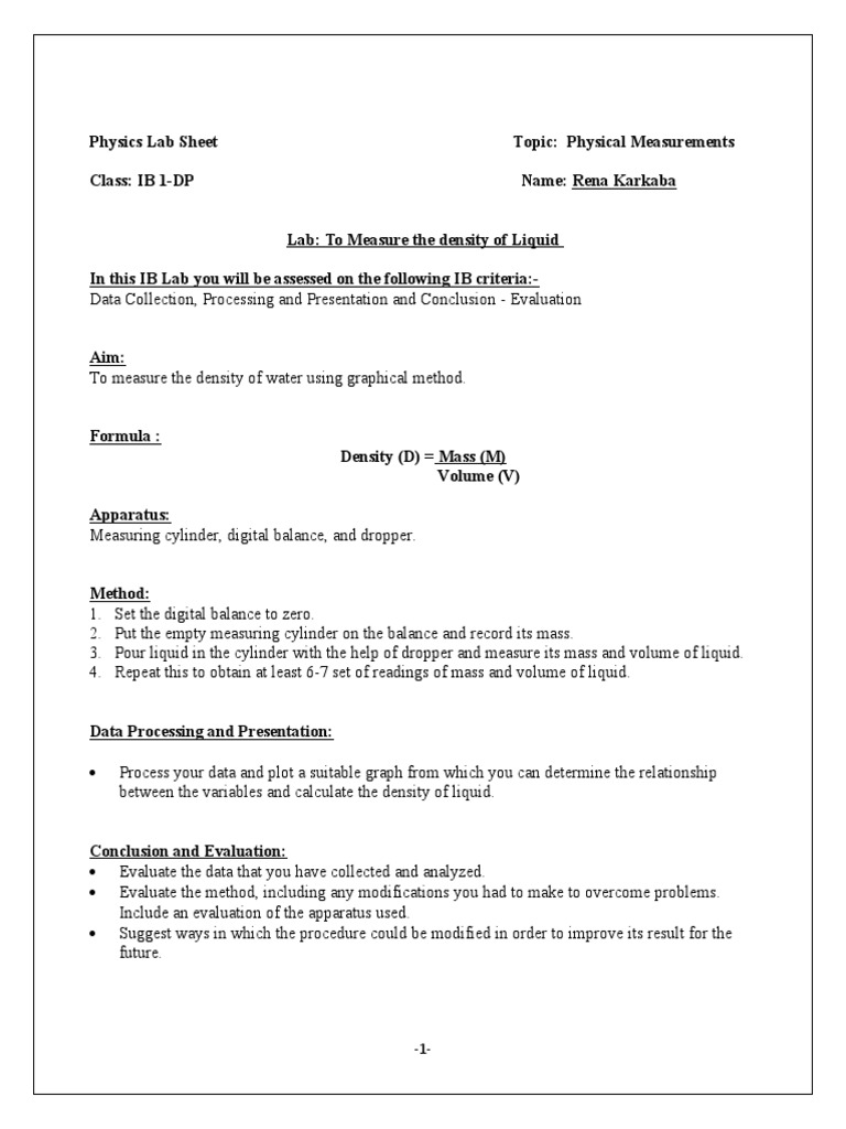 Practice Lab Density of Liquid | PDF | Density | Maxima And Minima