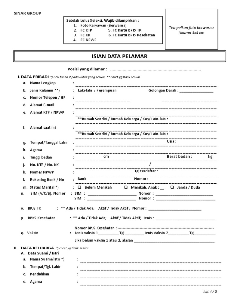 Isian Data Pelamar - Sinar Group 2022 | PDF | Karier & Perkembangan