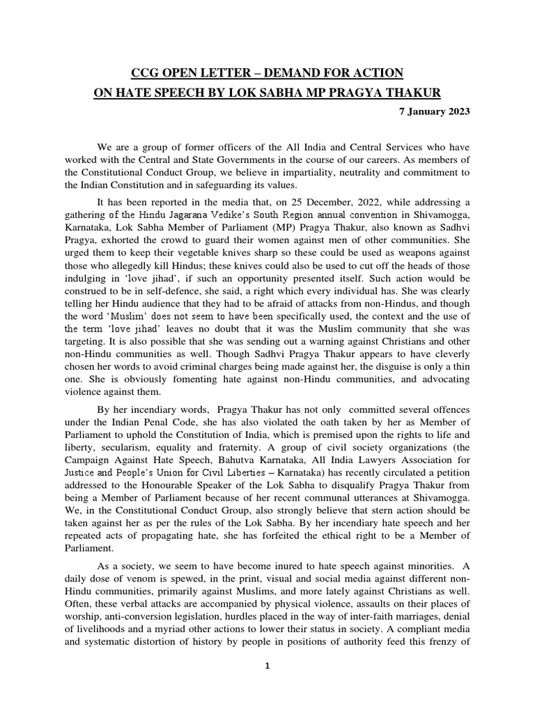 CCG Open Letter - Demand For Action On Pragya Thakur Hate Speech ...