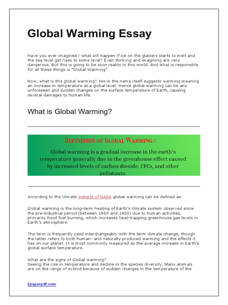 Global Warming Essay | PDF | Climate Change | Greenhouse Effect