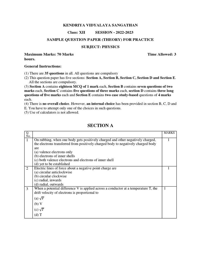 Sample Paper Physics 12th., Set-2, 2022-23 | PDF | Photoelectric Effect ...