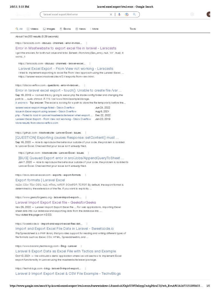 Error in Maatwebsite To Export Excel File in Laravel - Laracasts | PDF | Microsoft Excel | Php