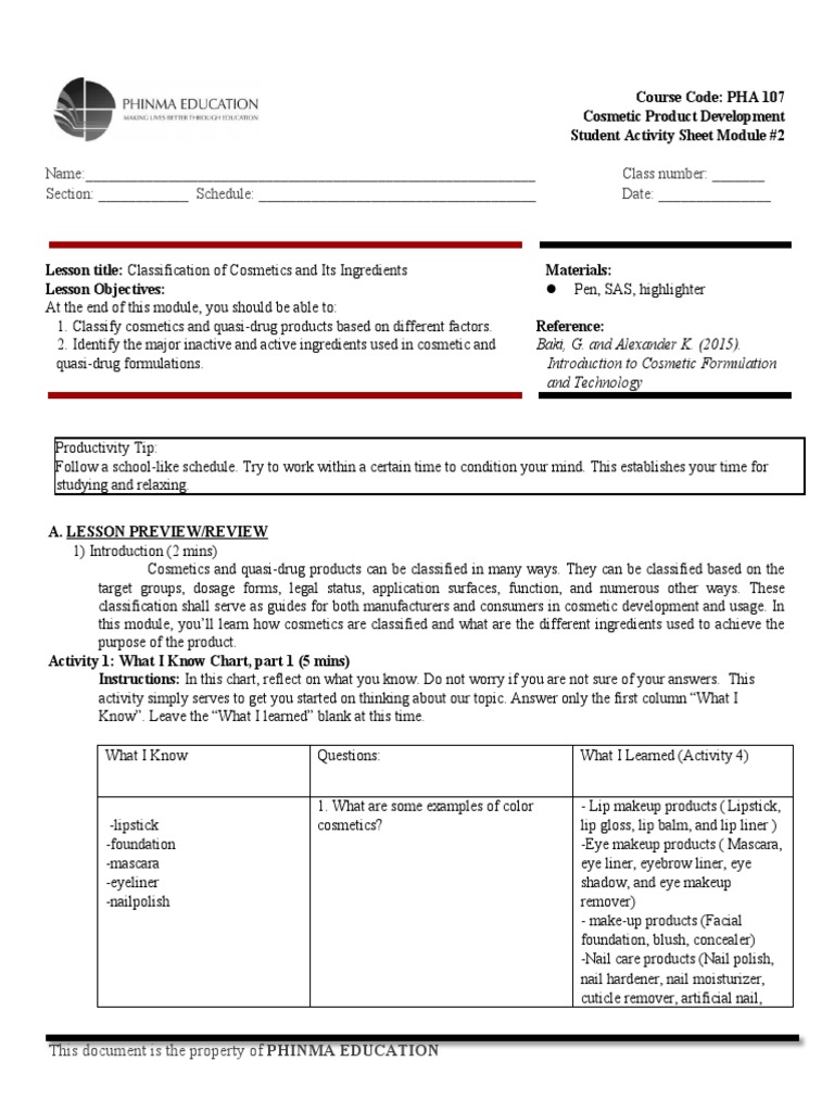 Template - SAS Module 2 - Classification of Cosmetics and Its Ingredients | PDF | Surfactant ...