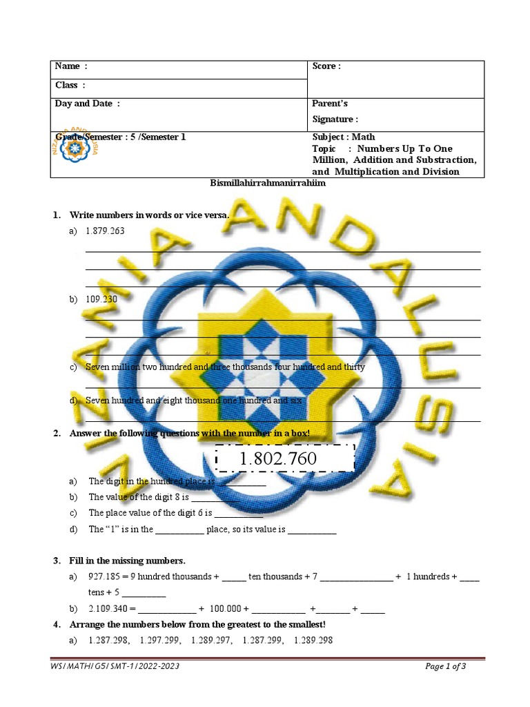Worksheet 1 - Numbers Up To One Million, Addition and Substraction ...