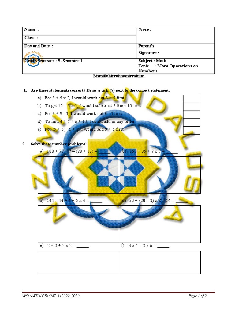 Grade 5 Number Operations Worksheet | PDF