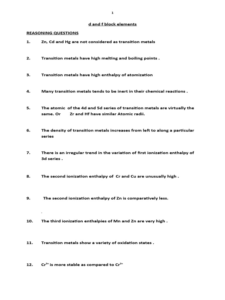 Reasoning Questions D Block Class 12 Pdf Transition Metals Redox
