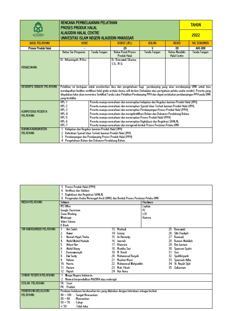 RPP Pelatihan Pendamping PPH UINAM 2022 | PDF