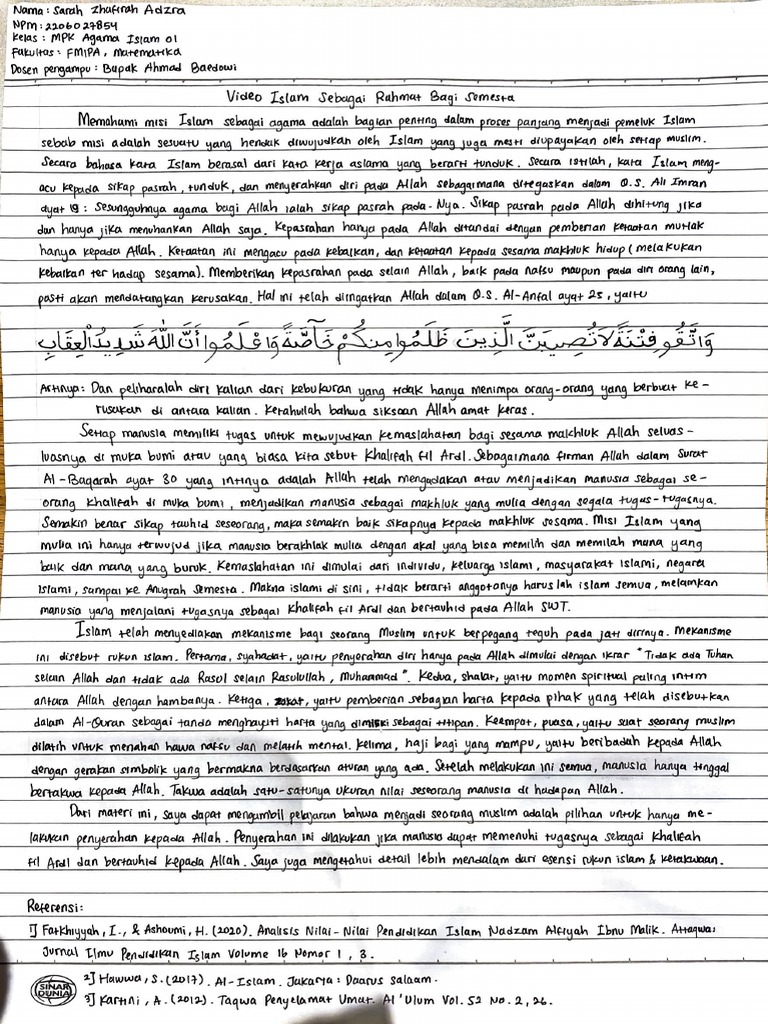 MPK Agama Islam (01) - FMIPA - Sarah Zhafirah Adzra - 2206027854 - Tugas LTM Pekan 1 | PDF