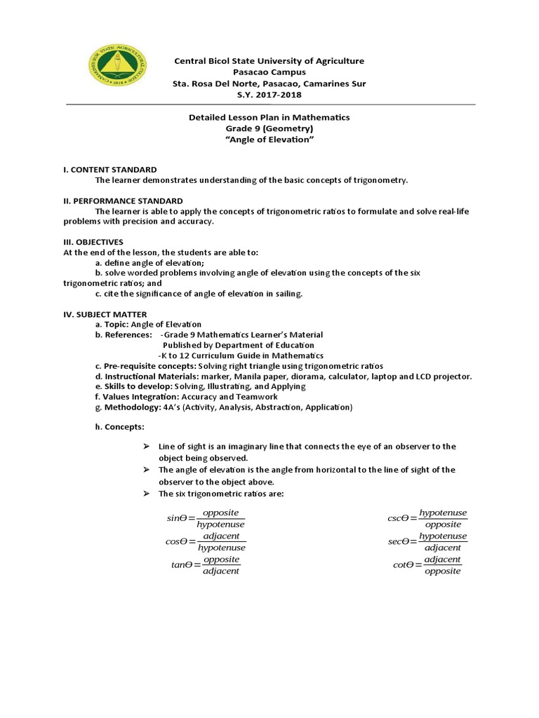 Lesson Plan-Angle of Elevation | PDF | Trigonometric Functions ...