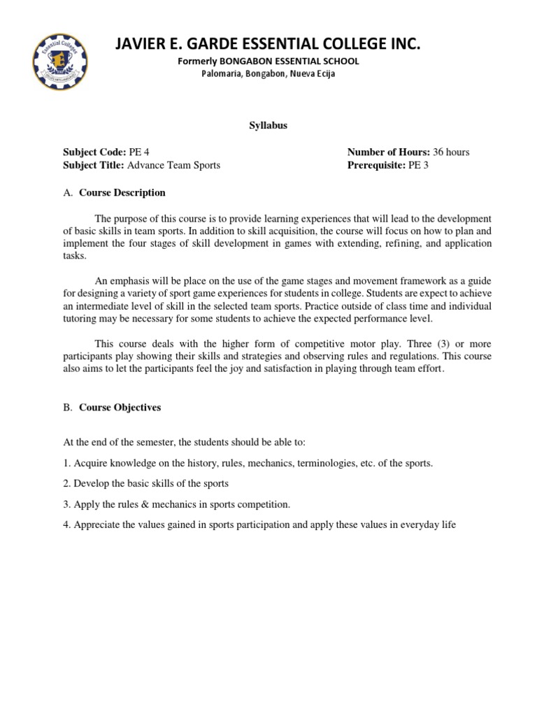 Syllabus-PE 4 - Advance Team Sports | PDF | Volleyball | Behavior ...