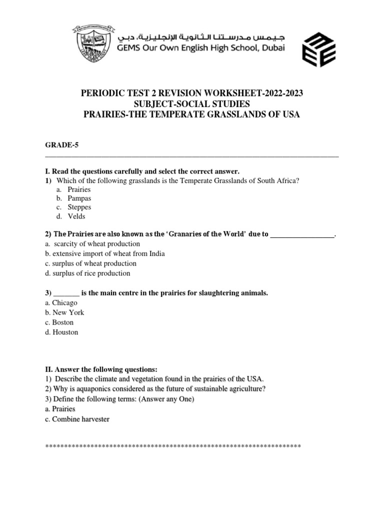 Class 5 Worksheet: Prairies Overview | PDF