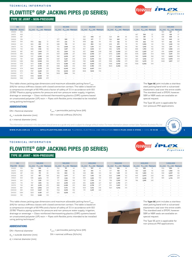 FLOWTITE Jacking Pipe ID Series Type SE Joint Non Pressure Chart | Download Free PDF | Pipe ...