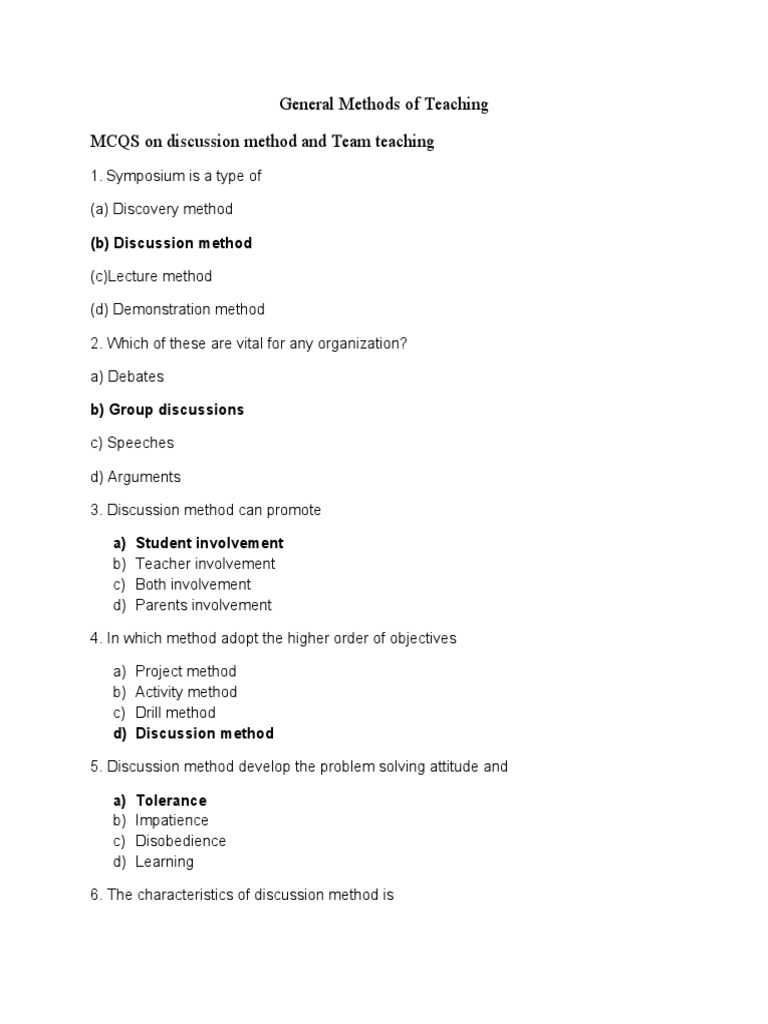 MCQs on Teaching Methods and Team Teaching | PDF | Teaching Method ...