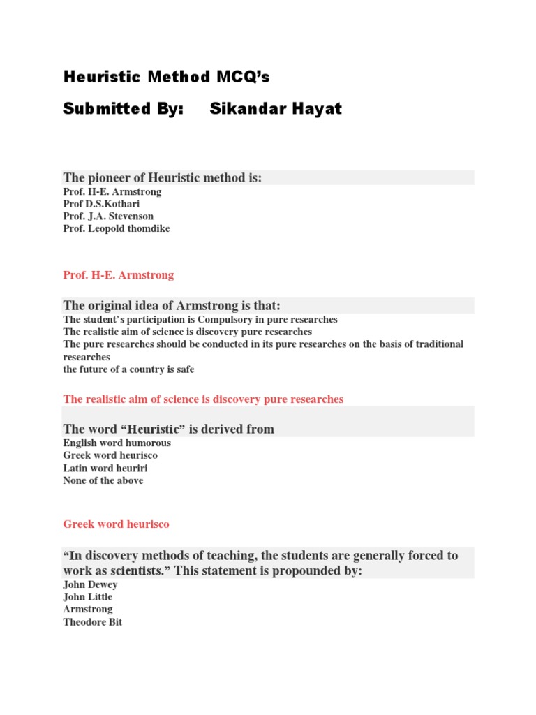 Heuristic Method MCQ | PDF | Teaching Method | Science