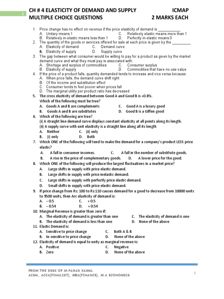 Icma Eco MCQ CH # 6 Elasticity of Demand and Supply | PDF | Elasticity ...