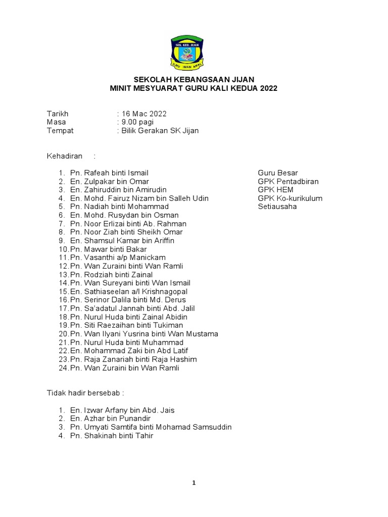Minit Mesyuarat Guru Kali 1 2022 | PDF