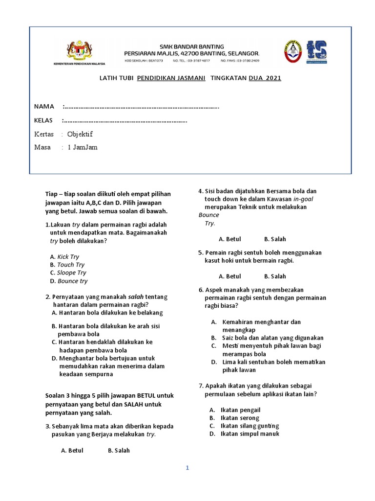 Soalan Pat PJK Tingkatan 2 2022 | PDF