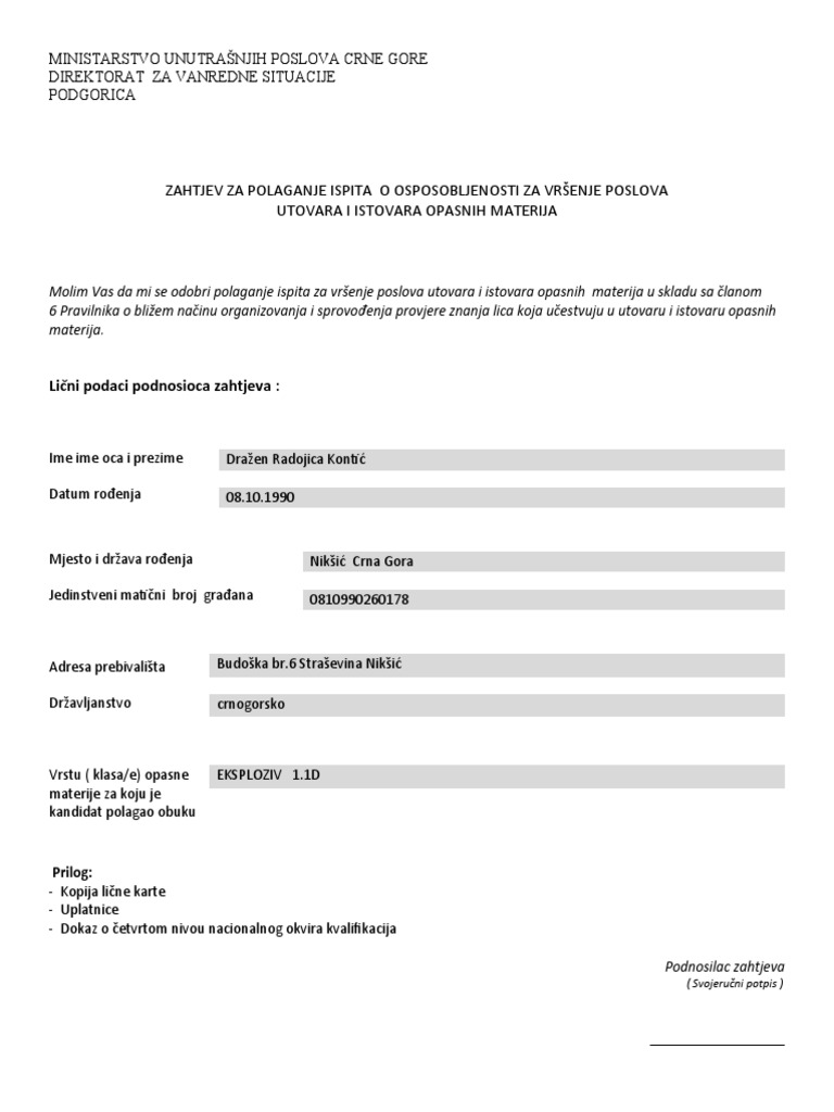 ZAHTJEV Za Polaganje Ispita Utovar DRAŽEN KONTIĆ | PDF