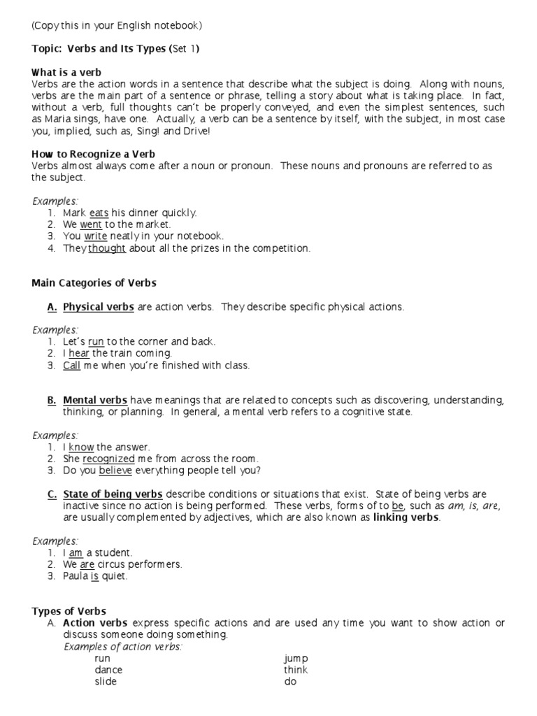 Verbs and Its Types (Set 1) | PDF | Verb | Subject (Grammar)