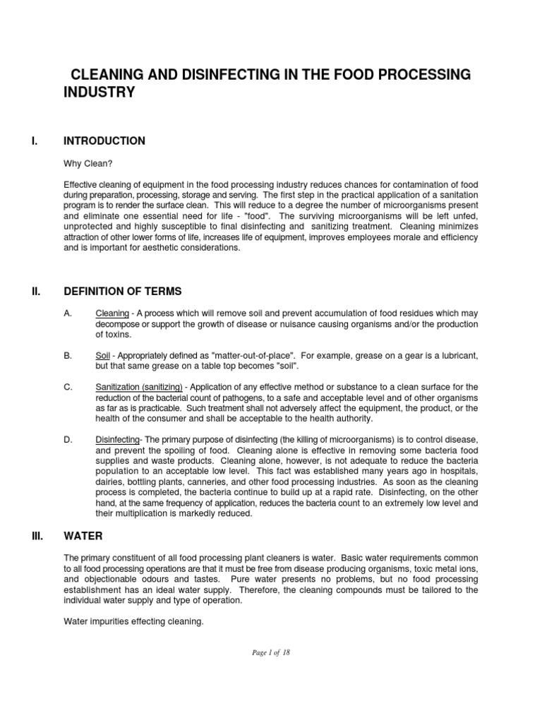 Cleaning and Disinfecting in The Food Processing Industry | PDF ...