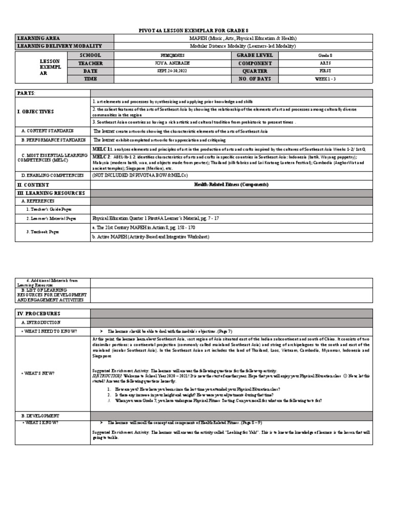 Lesson Exemplar in Arts (Q1-L1) | PDF | Learning | Southeast Asia