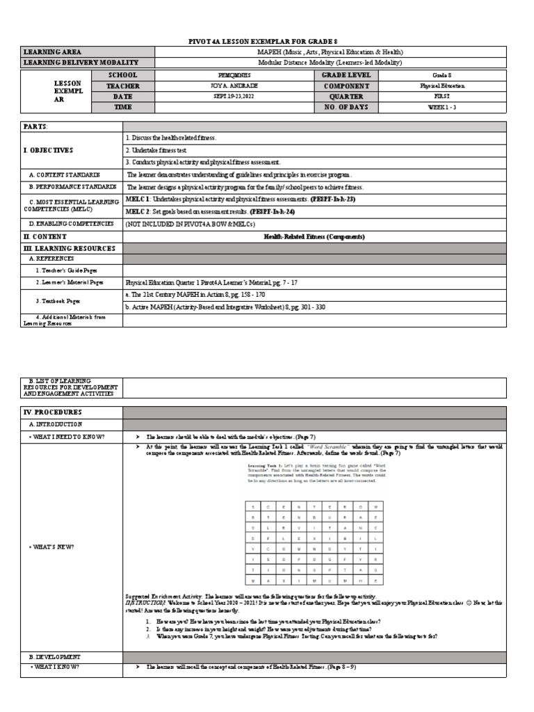 Lesson Exemplar in PE (Q1-L1) | PDF | Physical Fitness | Learning