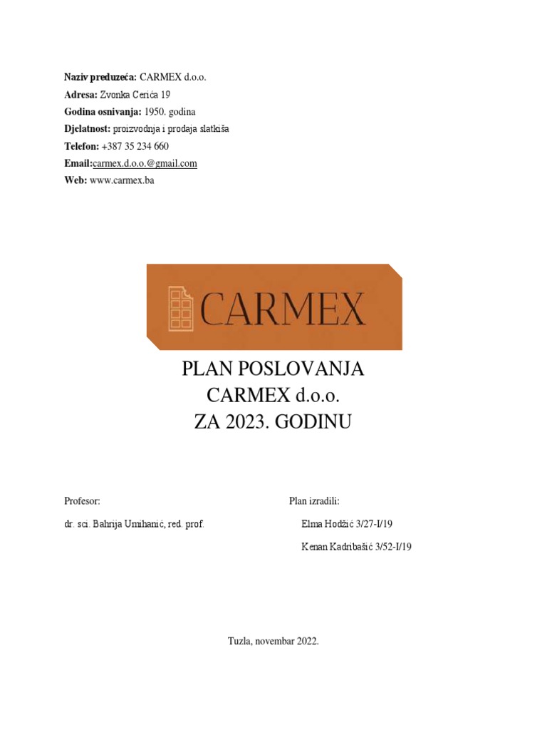 CARMEX Doo Plan Preduzeca | PDF
