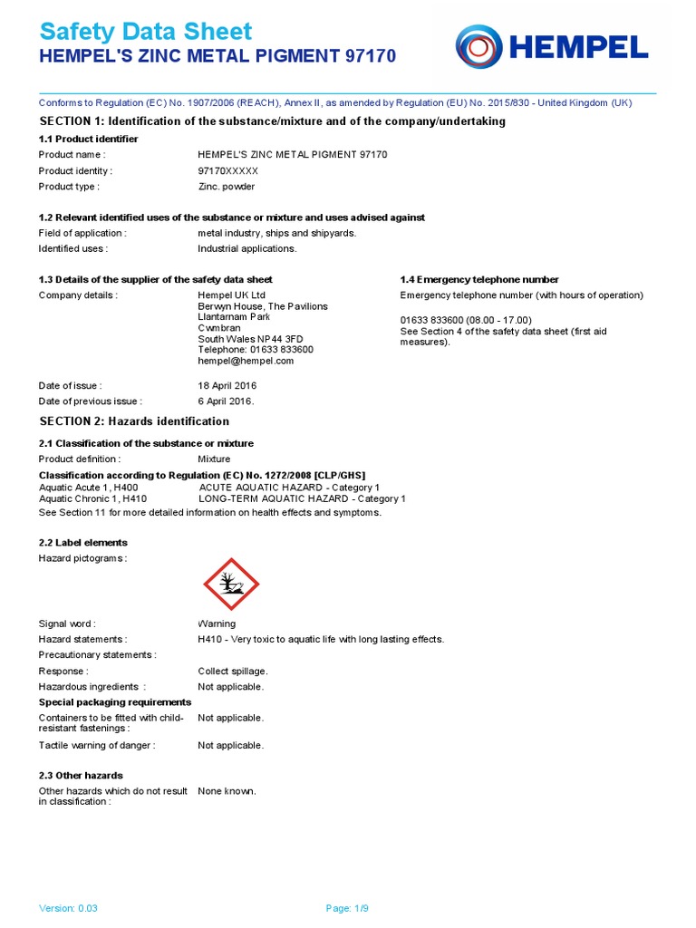 Hempel's Zinc Metal Pigment 97170 Safety Data | PDF | Toxicity ...