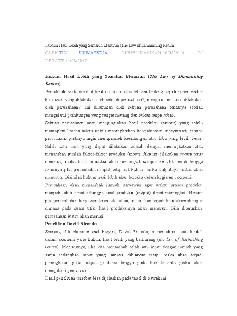 Hukum Hasil Lebih yang Menurun dalam Produksi | PDF | Karier ...