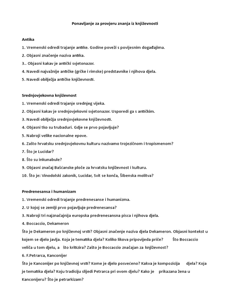Pitanja Za Ponavljanje (Antika, Srednji Vijek, Predrenesansa, Moderna ...