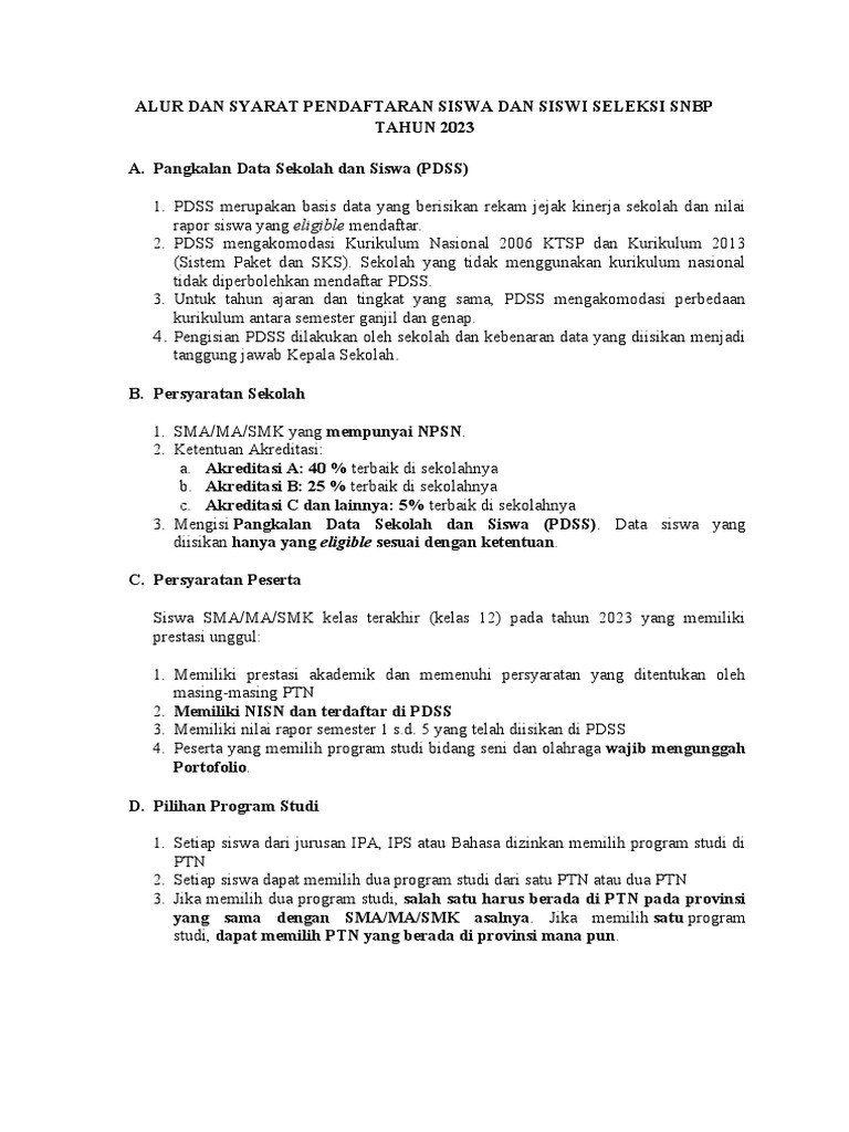 Alur Dan Syarat Pendaftaran SNBP Tahun 2023 | PDF
