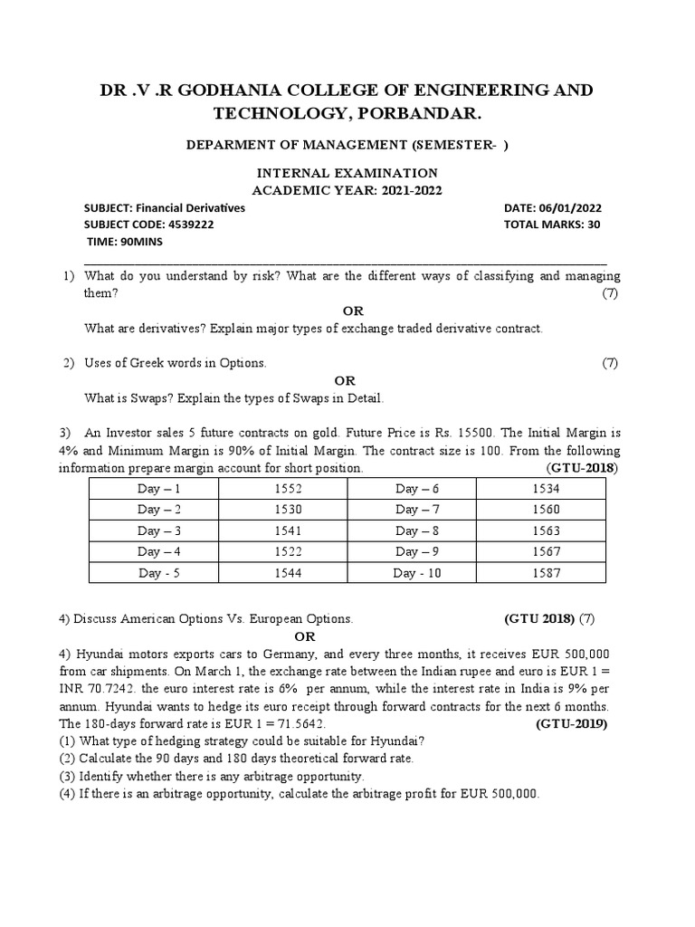 FD Internal Assessment Paper | PDF | Derivative (Finance) | Arbitrage