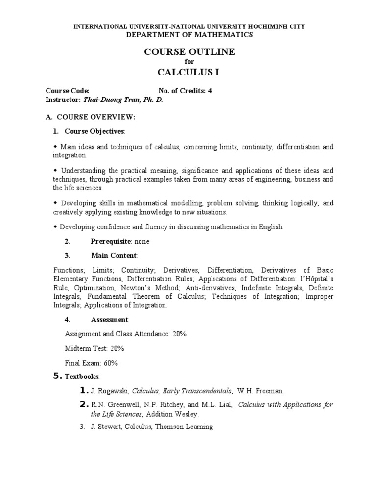 Course Outline Calculus I: Department of Mathematics | PDF