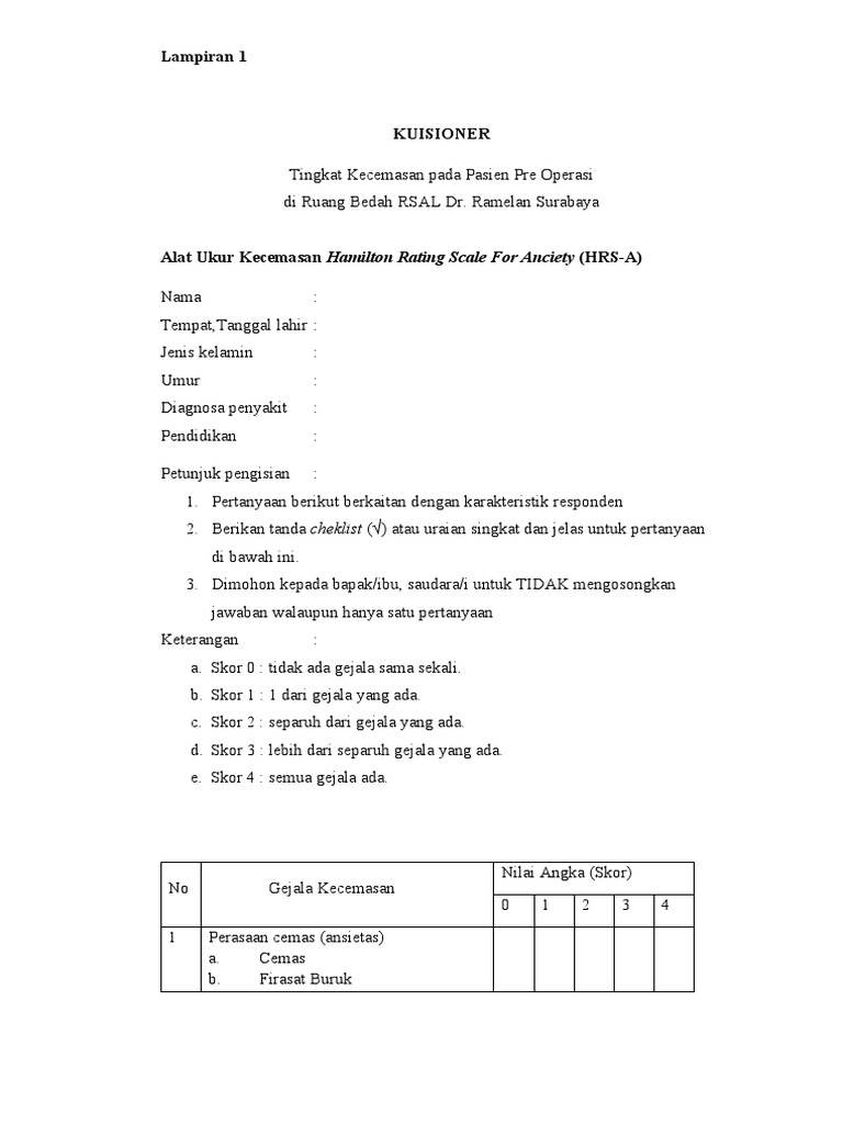 Kuisioner Kecemasan Pasien Pre Operasi Pdf